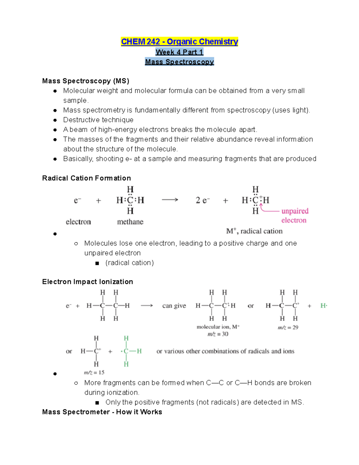 CHEM 242 Week 4 Lecture Notes Part 1 - Mass Spectroscopy - CHEM 242 ...