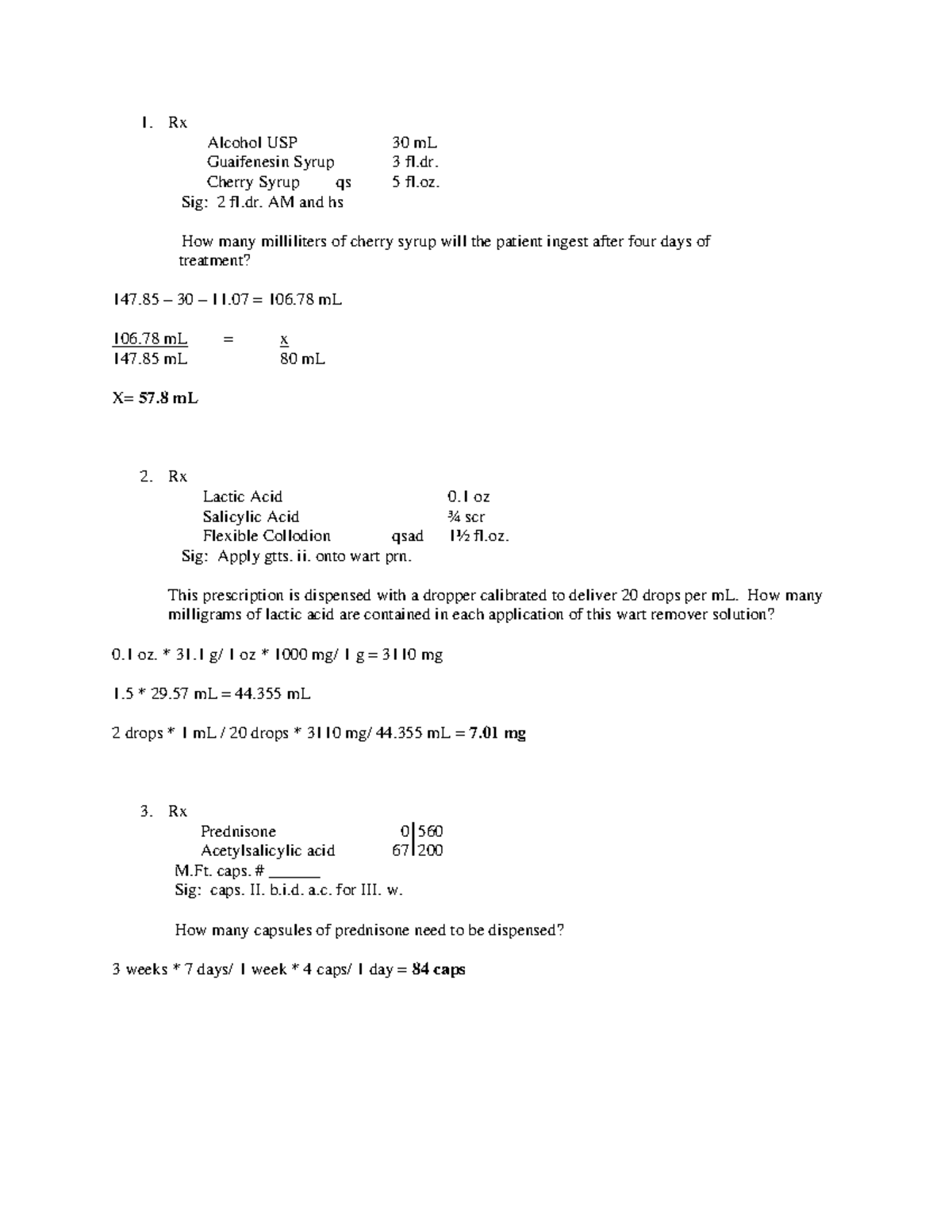 Practice dose calculations key full part 2 - Rx Alcohol USP 30 mL ...