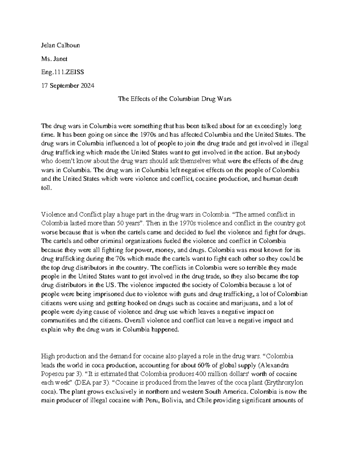 Cause and Effect Essay Final Draft-2 - Jelan Calhoun Ms. Janet Eng.111 17 September 2024 The ...