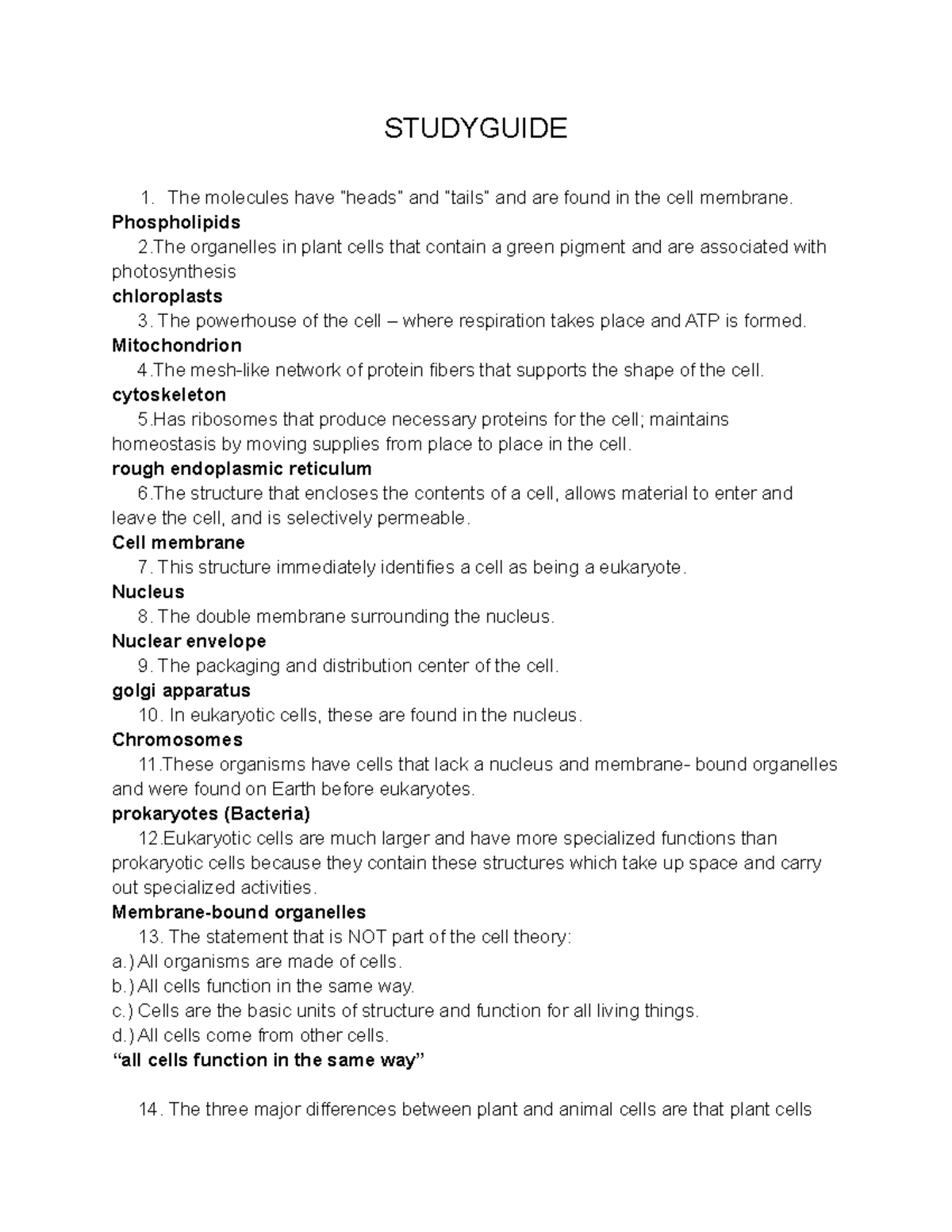 Animal and Plant Cell Studyguide Bio Honors - STUDYGUIDE 1. The ...