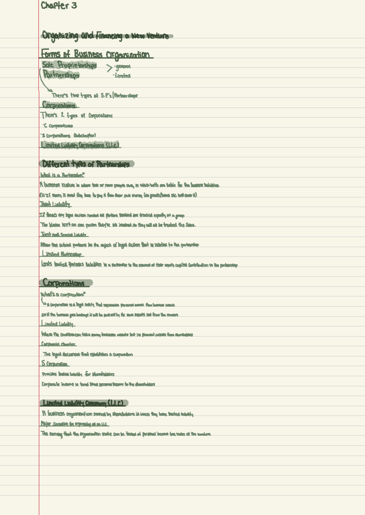 Chapter 3 Notes - Chapter 3 Organizing and Financing a New venture ...
