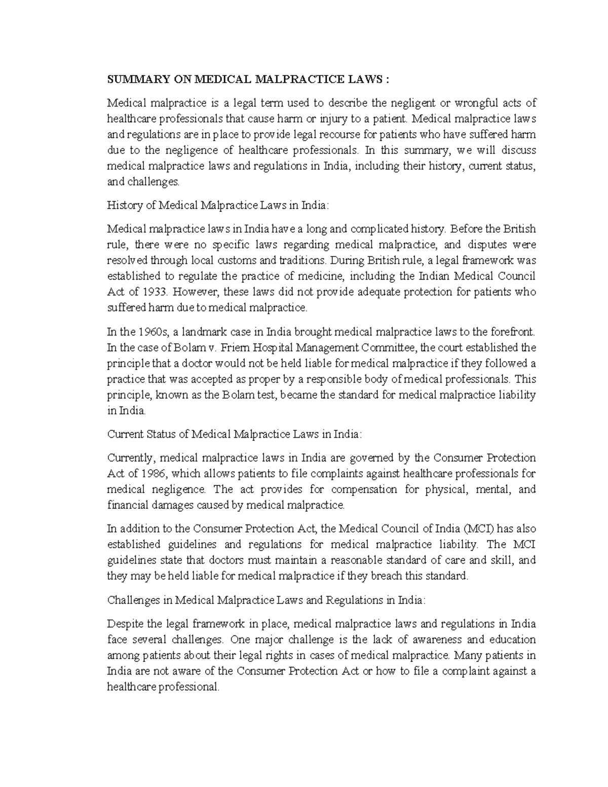 Summary ON Medical Malpractice LAWS - SUMMARY ON MEDICAL MALPRACTICE ...