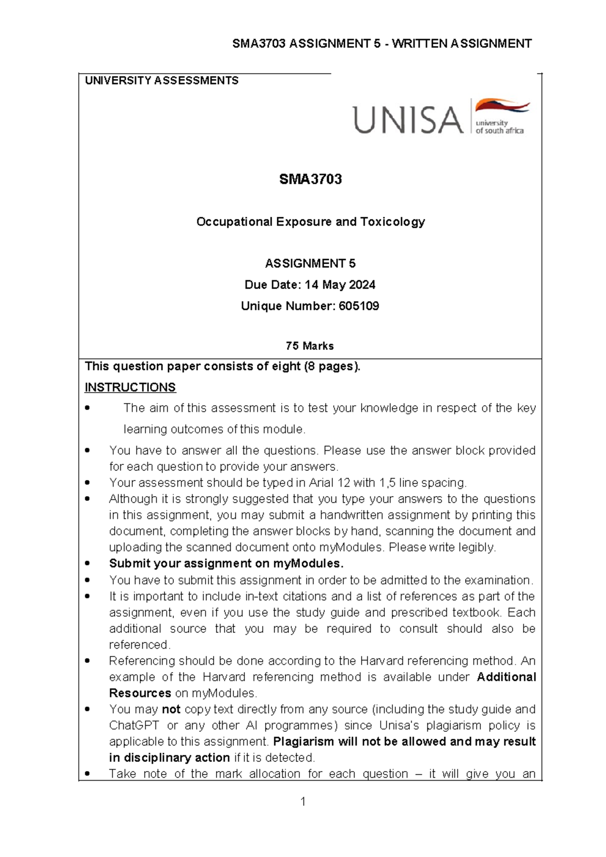SMA3703 Written Assignment 5 S1 - UNIVERSITY ASSESSMENTS SMA ...
