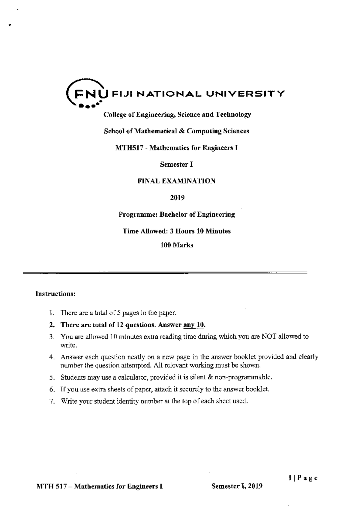 MTH517 S1 2019 Final Exam - ENU FIJI NATIONAL UNIVERSITY College of ...