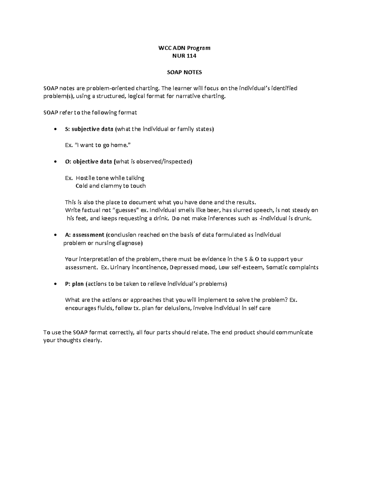 SOAP Note Instructions - WCC ADN Program NUR 114 SOAP NOTES SOAP notes ...