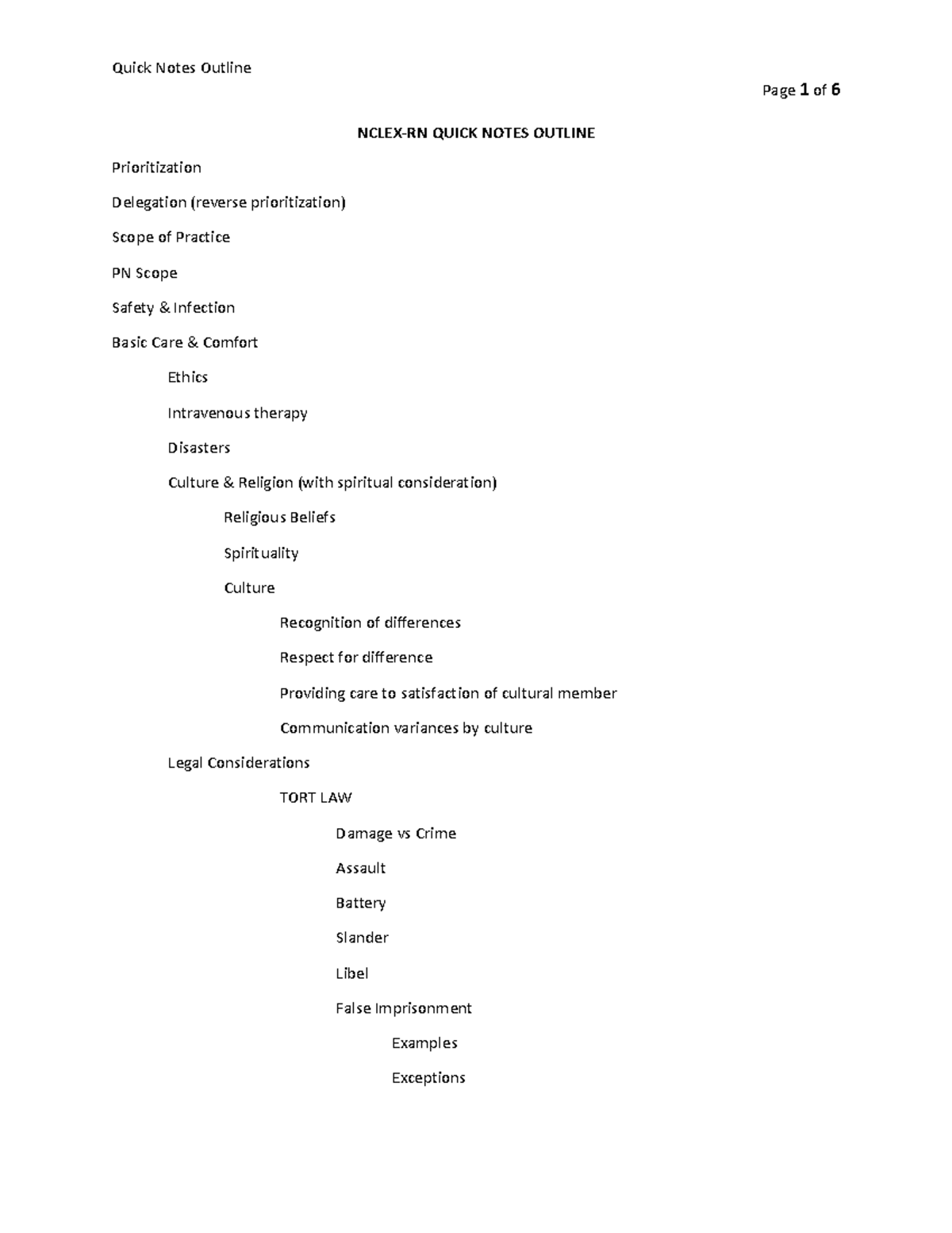 Nclex Review Quick Notes Outline copy - Page 1 of 6 NCLEX-RN QUICK ...