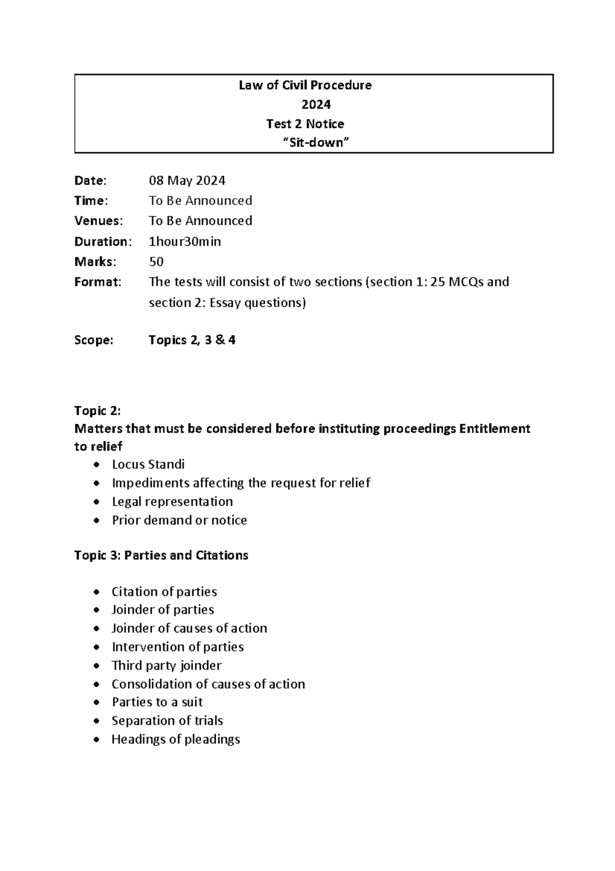 TEST 2 Notice 2024 - Law of Civil Procedure 2024 Test 2 Notice “Sit ...