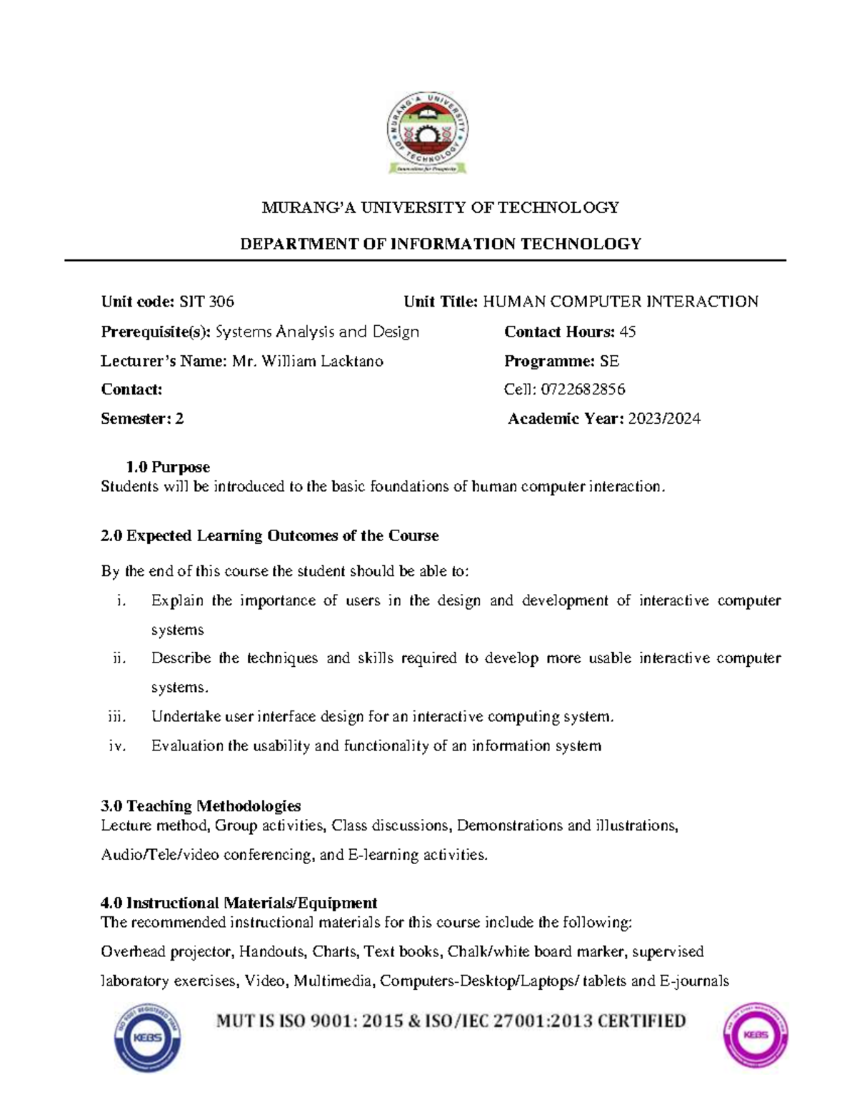 SIT305 Human Computer Interaction Course Outline - MURANG’A UNIVERSITY ...