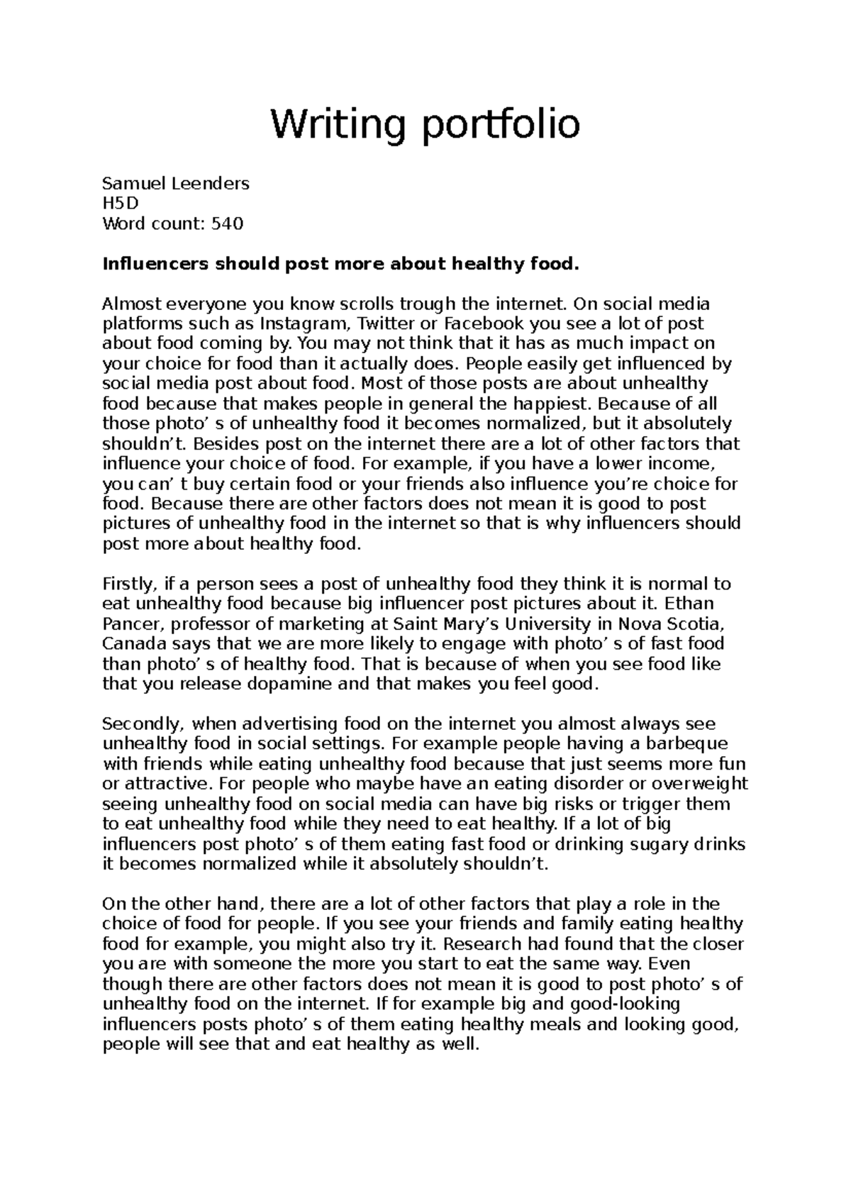 Engels tekst healthy food - Writing portfolio Samuel Leenders H5D Word ...