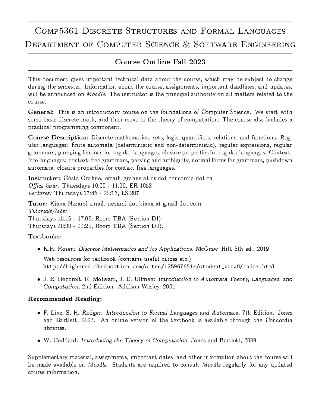 00. Course Outline - Comp5361 Discrete Structures and Formal Languages Department of Computer ...