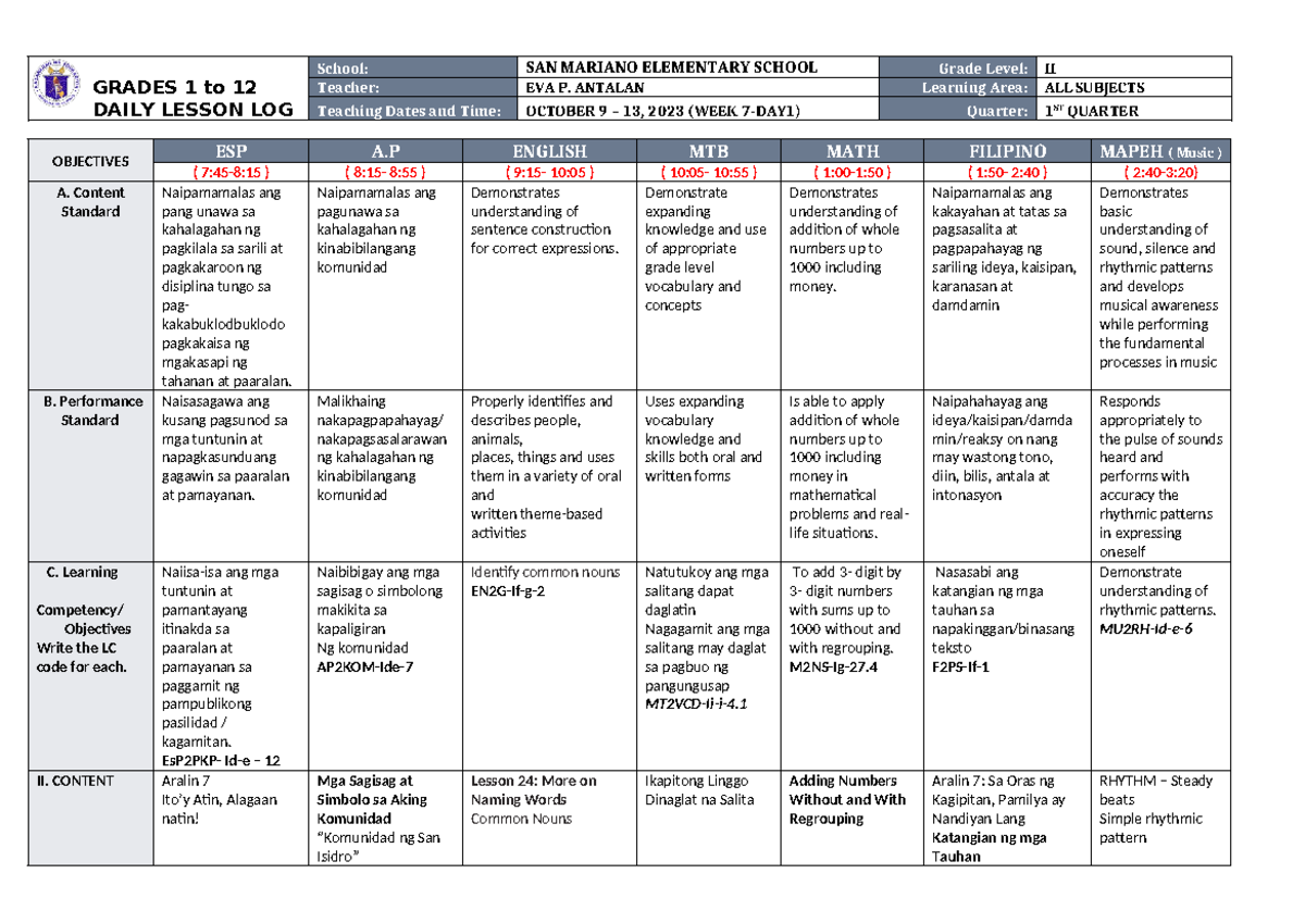 DLL ALL Subjects 2 Q1 W7 D1 - GRADES 1 to 12 DAILY LESSON LOG School: SAN MARIANO ELEMENTARY ...