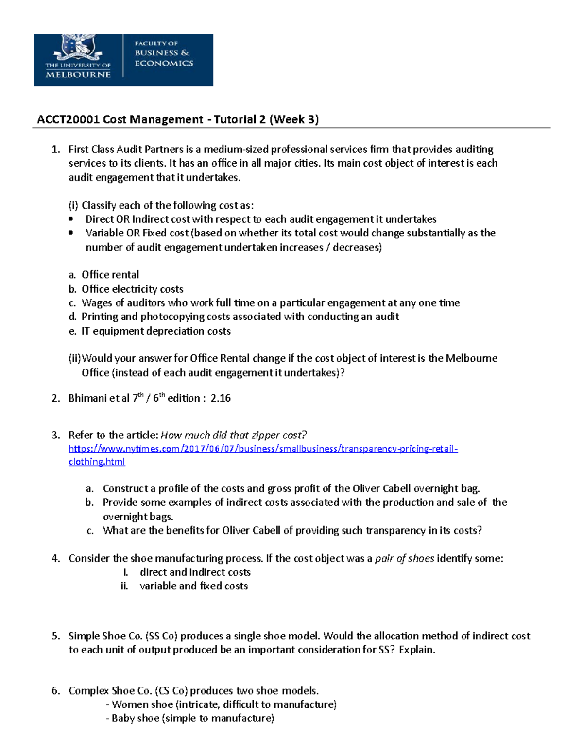 Tutorial Requirements - ACCT20001 Cost Management - Tutorial 2 (Week 3 ...