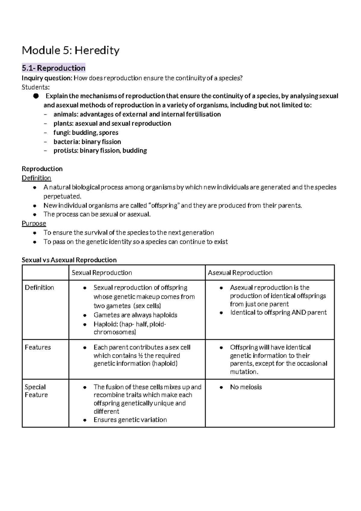 Biology Module 5 - Module 5: Heredity 5- Reproduction Inquiry question ...