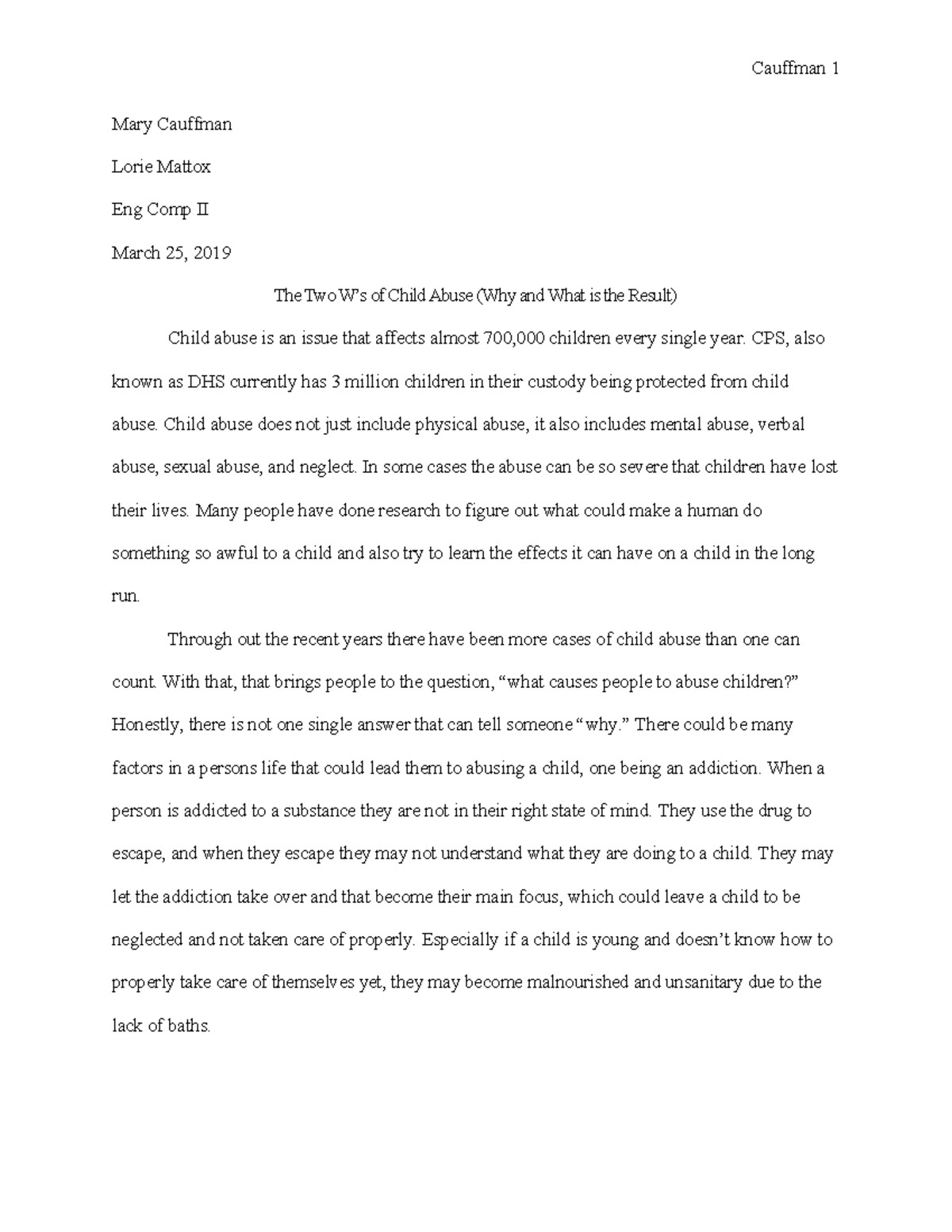 The two w’s of child abuse - Mary Cauffman Lorie Mattox Eng Comp II ...