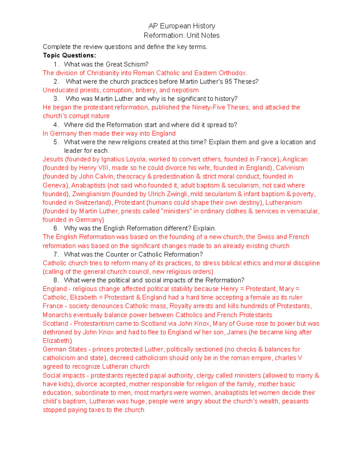 Copy of Reformation: Unit Notes - AP European History Reformation: Unit ...