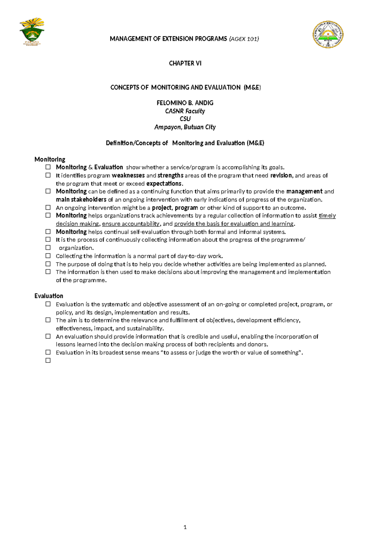 AGEX 101-VI Concepts OF Monitoring AND Evaluation (M&E) - MANAGEMENT OF ...