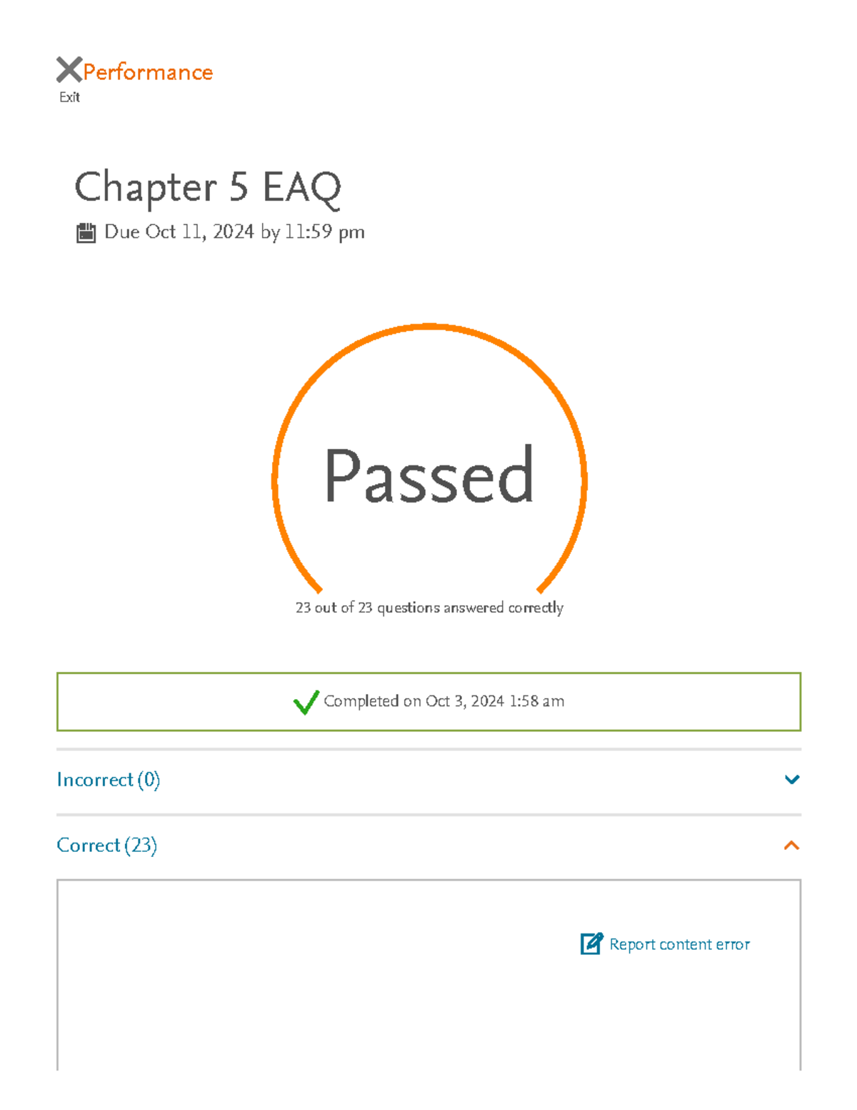 OB CH 5 EAQ - eaqs - ####### Exit Performance Chapter 5 EAQ Due Oct 11, 2024 by 11:59 pm Passed ...