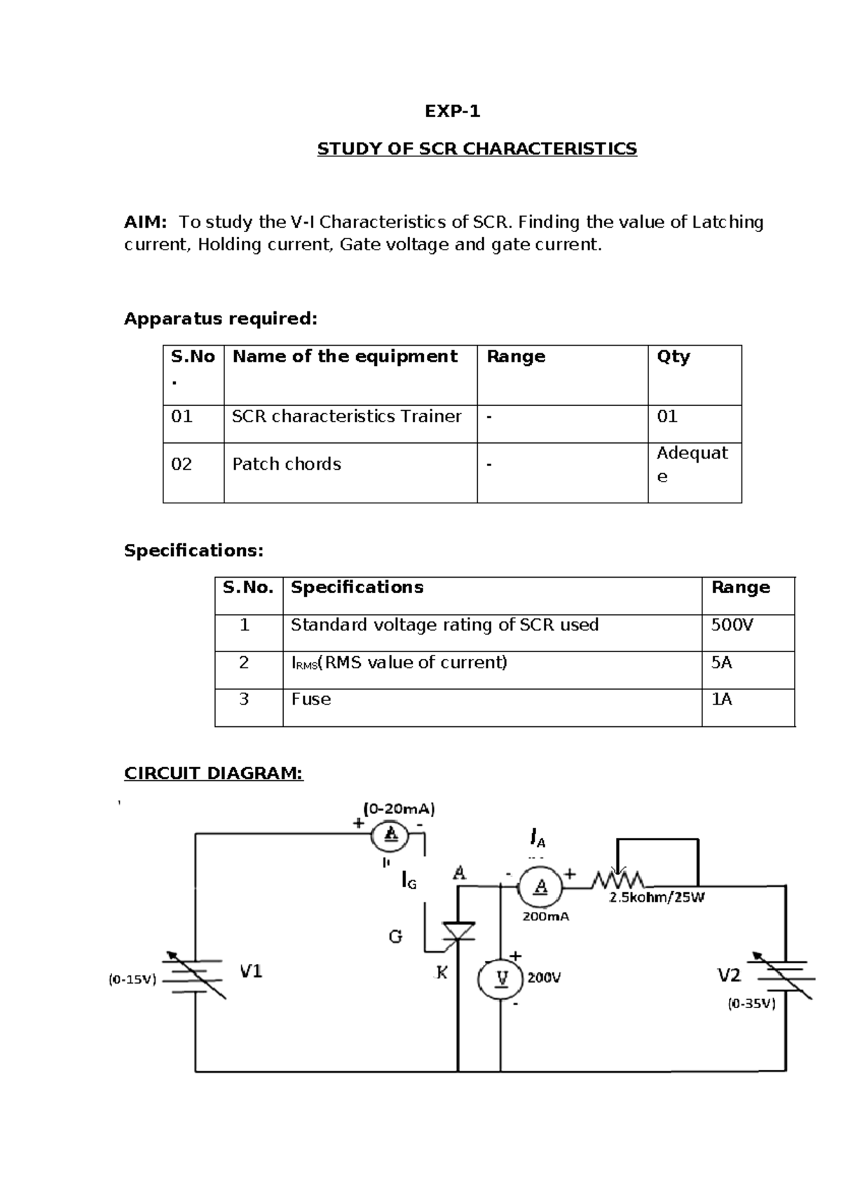 PE Lab - IT DESCRIBES ALL POWER ELECTRONICS DEVICES - EXP- STUDY OF SCR ...