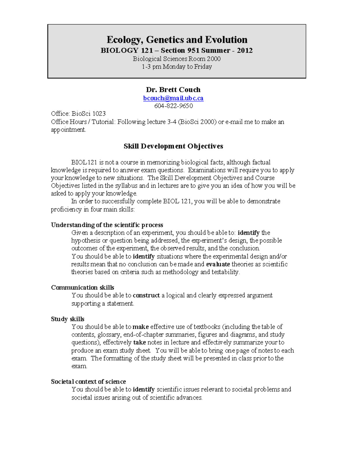 BIO121 Summer Syllabus 2012 Final - Ecology, Genetics and Evolution ...