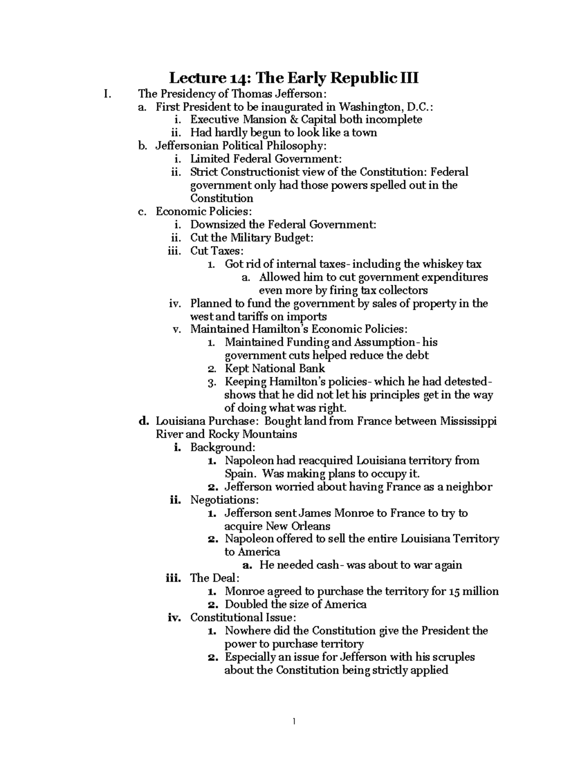 Lecture 14- The Early Republic III (03-23)- Outline - Lecture 14: The ...