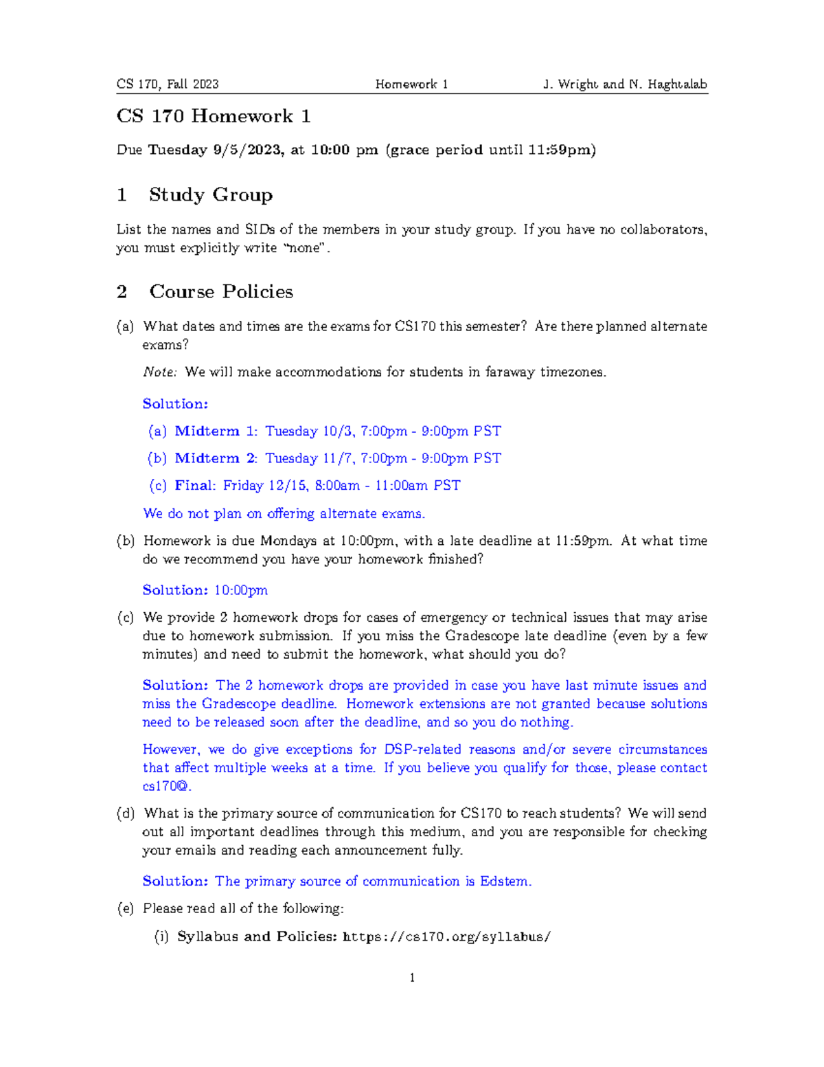 Hw01-sol - hw01 - CS 170 Homework 1 Due Tuesday 9/5/2023, at 10:00 pm (grace period until 11 ...