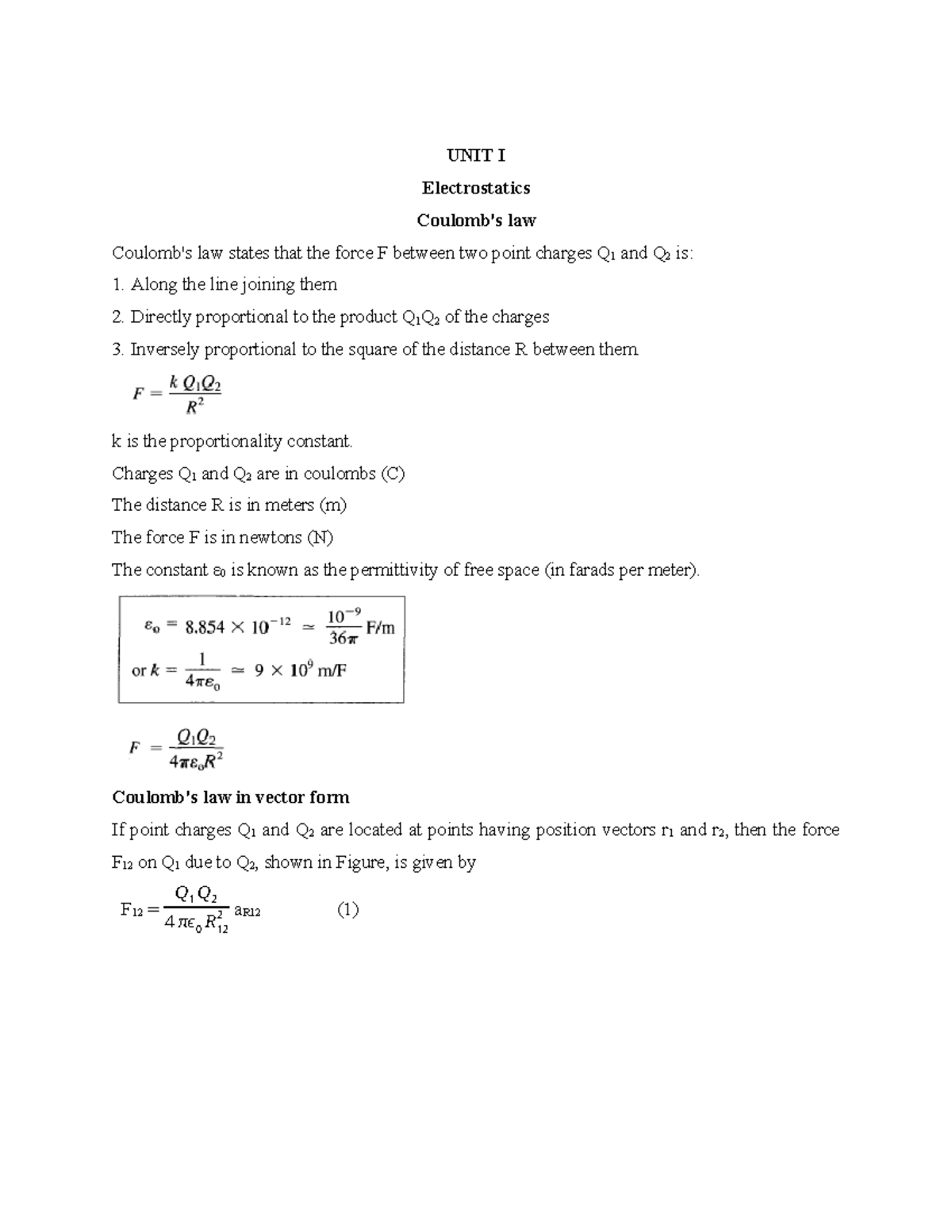 EMTL unit 1 27-1-24 - Emtl - UNIT I Electrostatics Coulomb's law ...