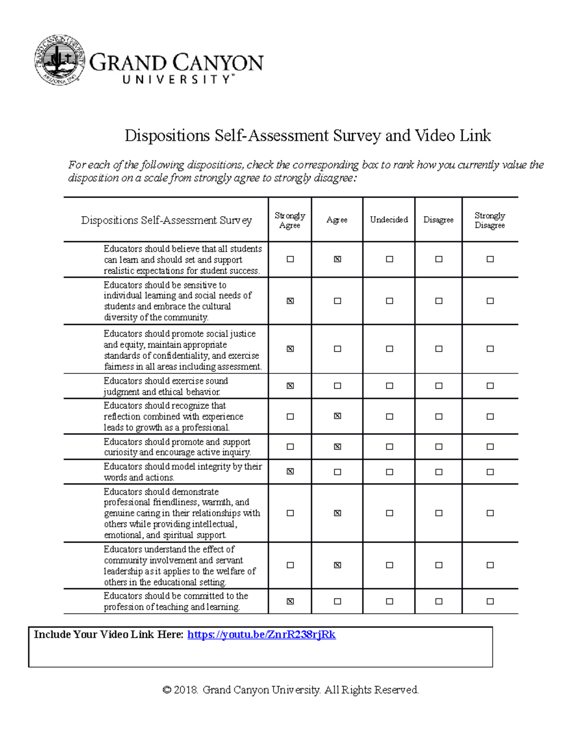 Dispositions Self - example only - Dispositions Self-Assessment Survey ...