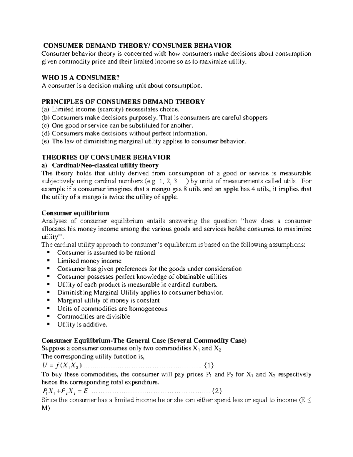 ECON 310 Lecture TWO - CONSUMER DEMAND THEORY/ CONSUMER BEHAVIOR ...