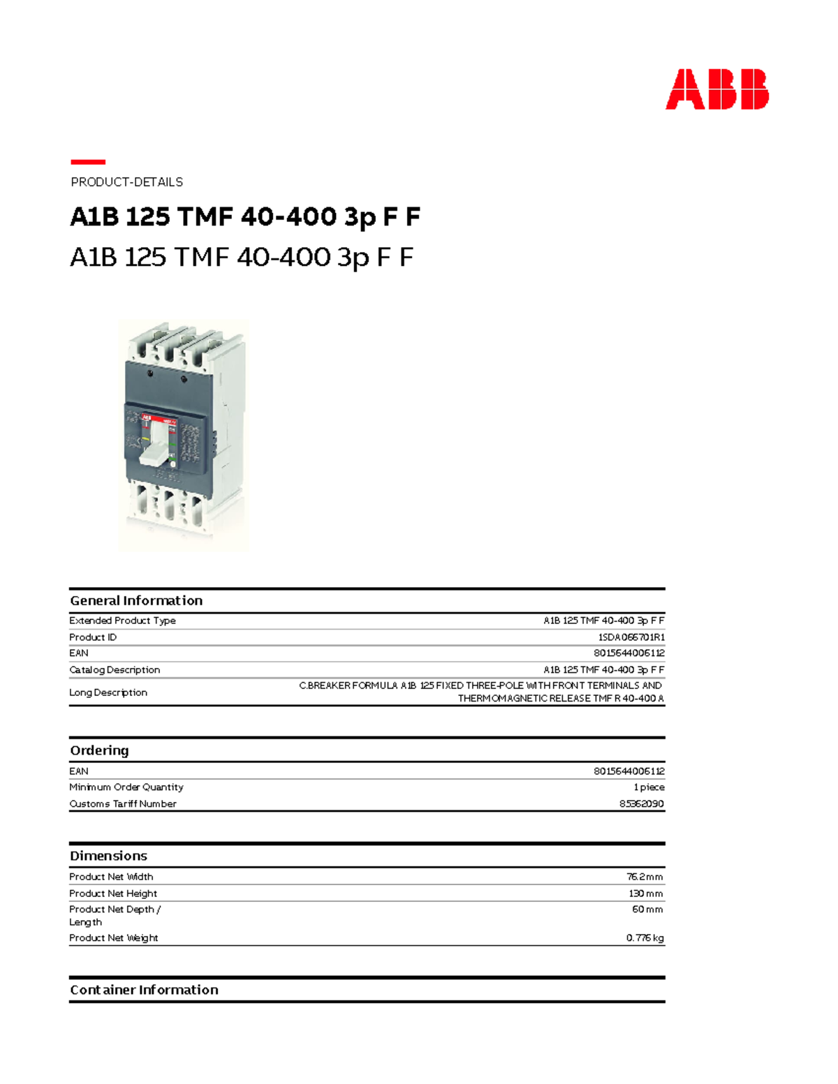 3X32A Cuchilla Termo. ABB - A1B 125 TMF 40-400 3p F F A1B 125 TMF 40 ...