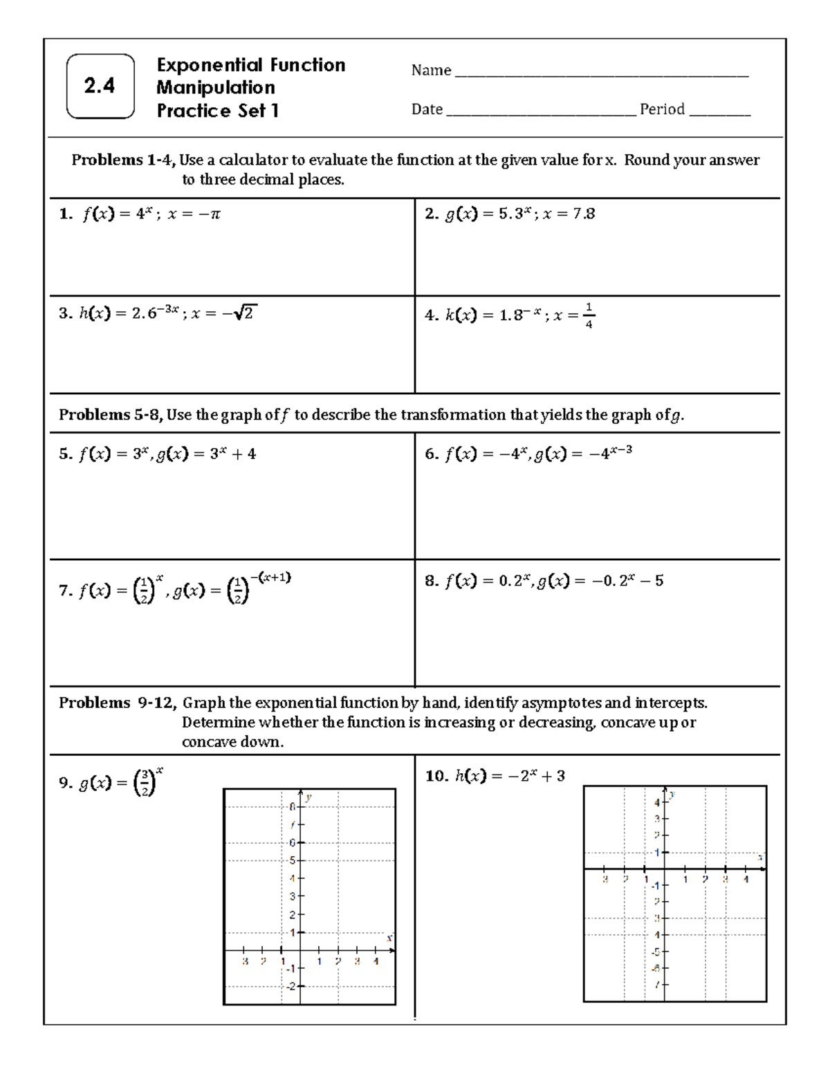 2.4 Practice - AP AND GP - 2. Exponential Function Manipulation Practice Set 1 Problems 1-4, Use ...
