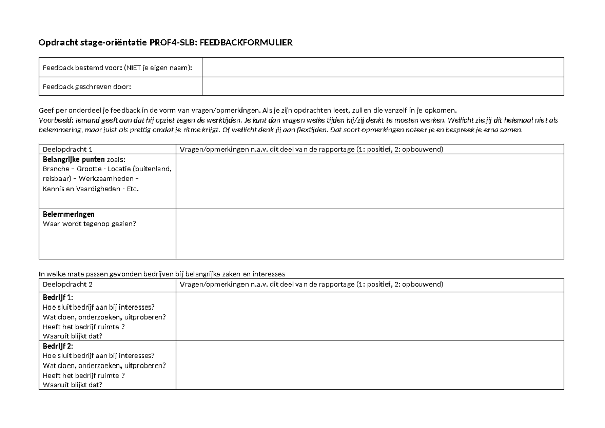 PROF4-SLB TB2 - Feedbackformulier stage orientatie opdracht - Opdracht ...