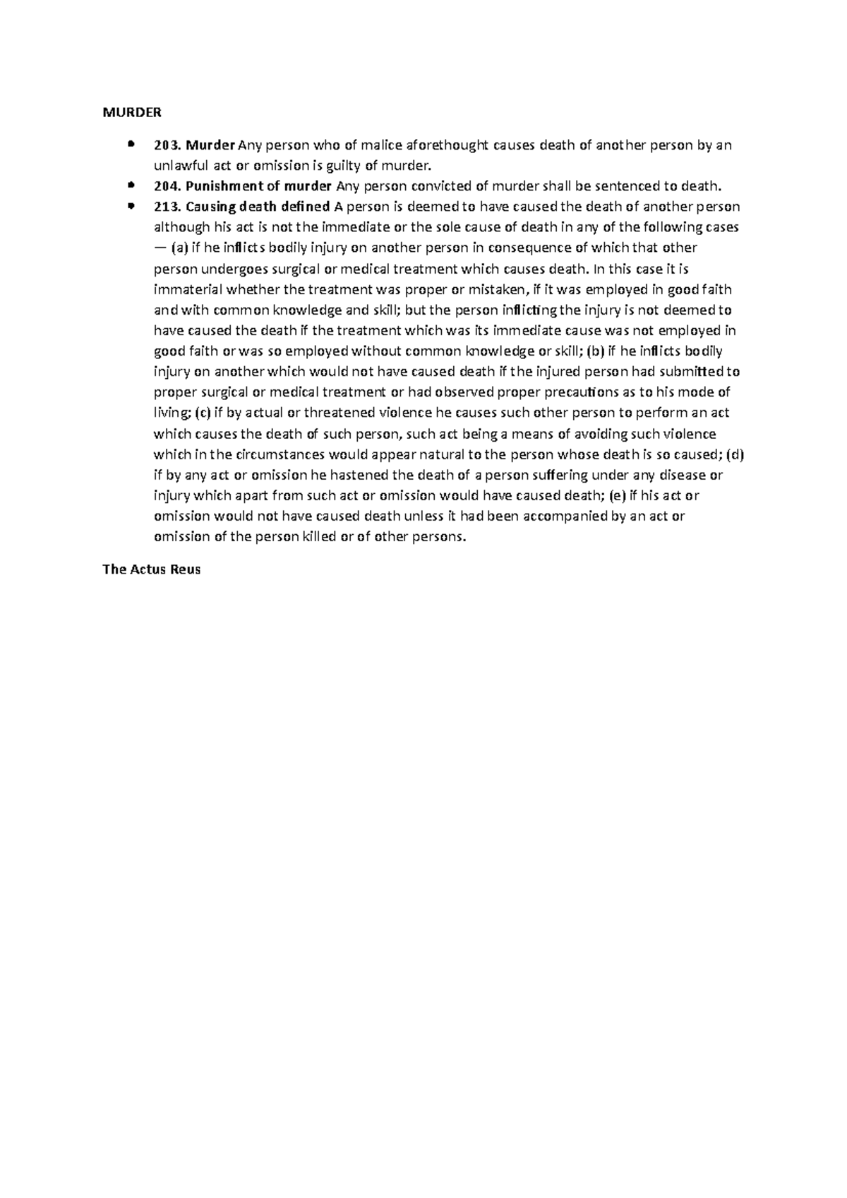 Murder - notes - MURDER 203. Murder Any person who of malice ...