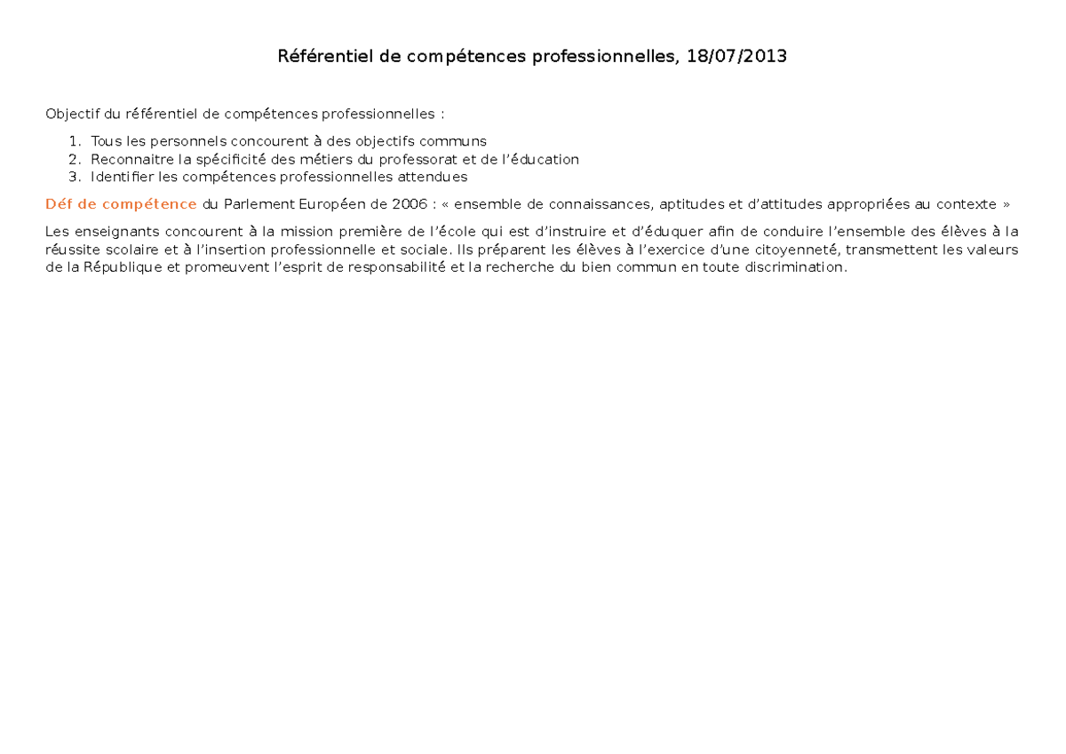 Fiche synthèse référentiel de compétences - Référentiel de compétences ...