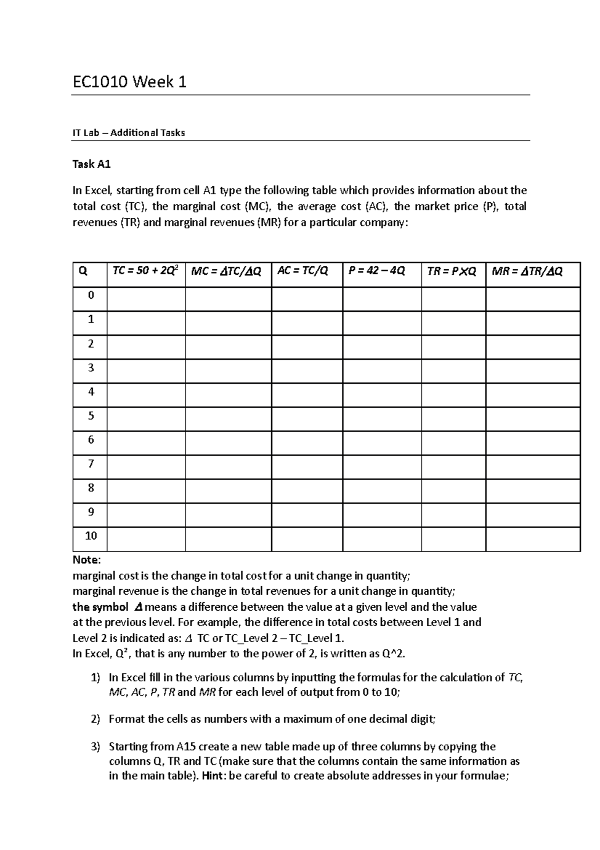 EC1010 Week 1 IT Lab Extra Tasks - EC1010 Week 1 IT Lab – Addiional ...