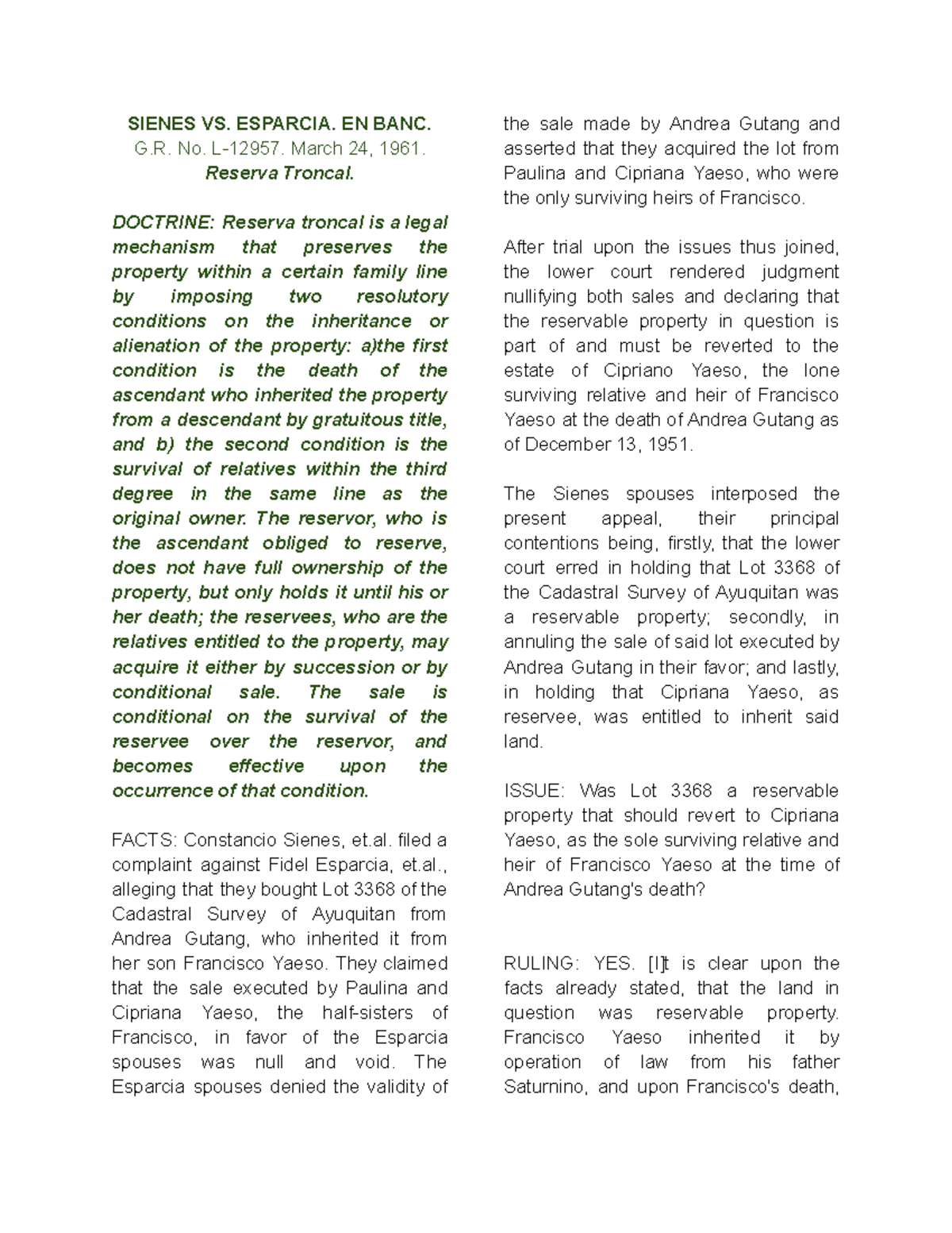 Sienes VS. Esparcia. EN BANC, 1961 ( Reserva Troncal) - SIENES VS ...