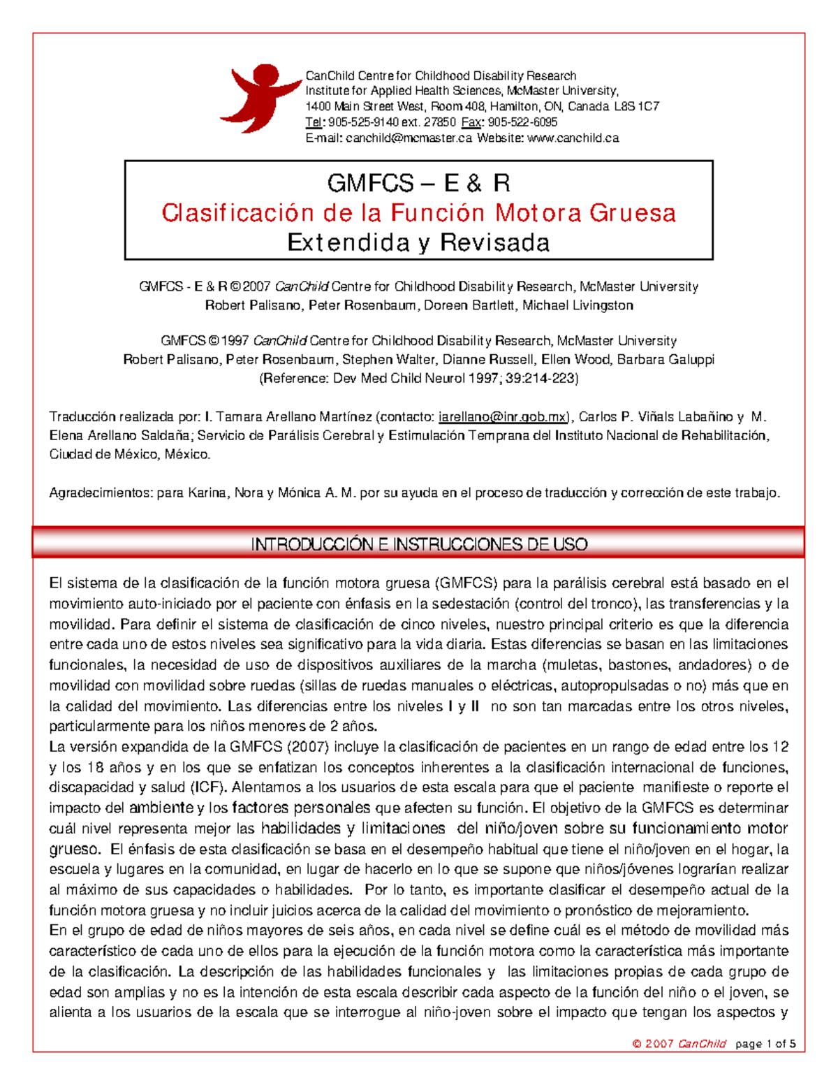 Gmfcs-ER Translation-Spanish - GMFCS - E & R © 2007 CanChild Centre for ...