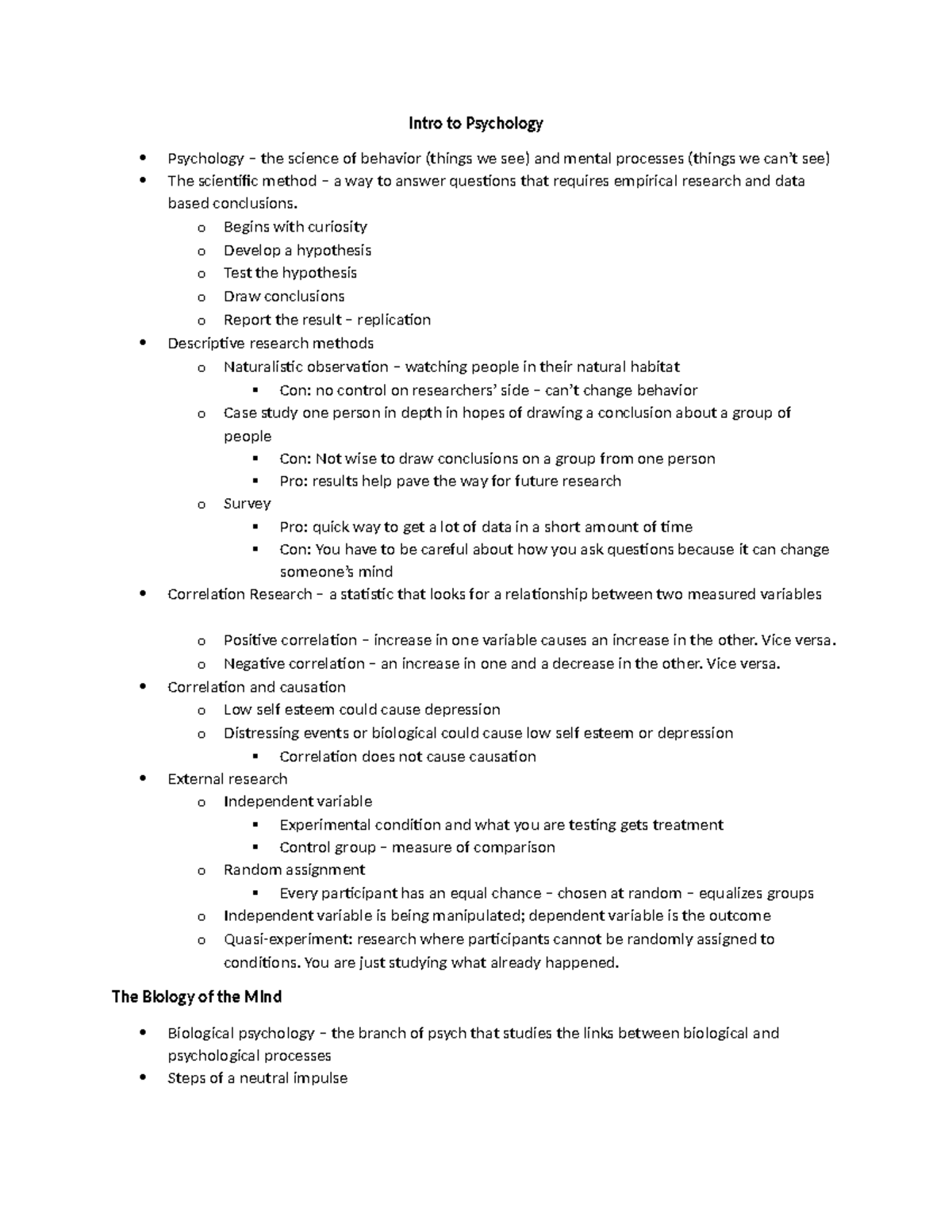 Intro to Psychology Course Notes - Intro to Psychology Psychology – the ...