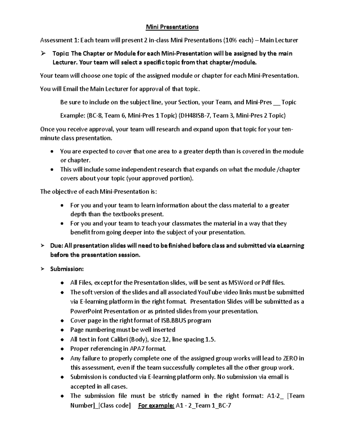 Abcdefghijklmnop - Mini Presentations Assessment 1: Each team will ...