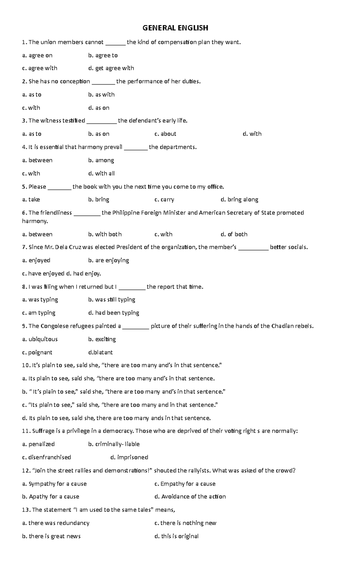 Additional General English Test 2 - GENERAL ENGLISH The union members ...