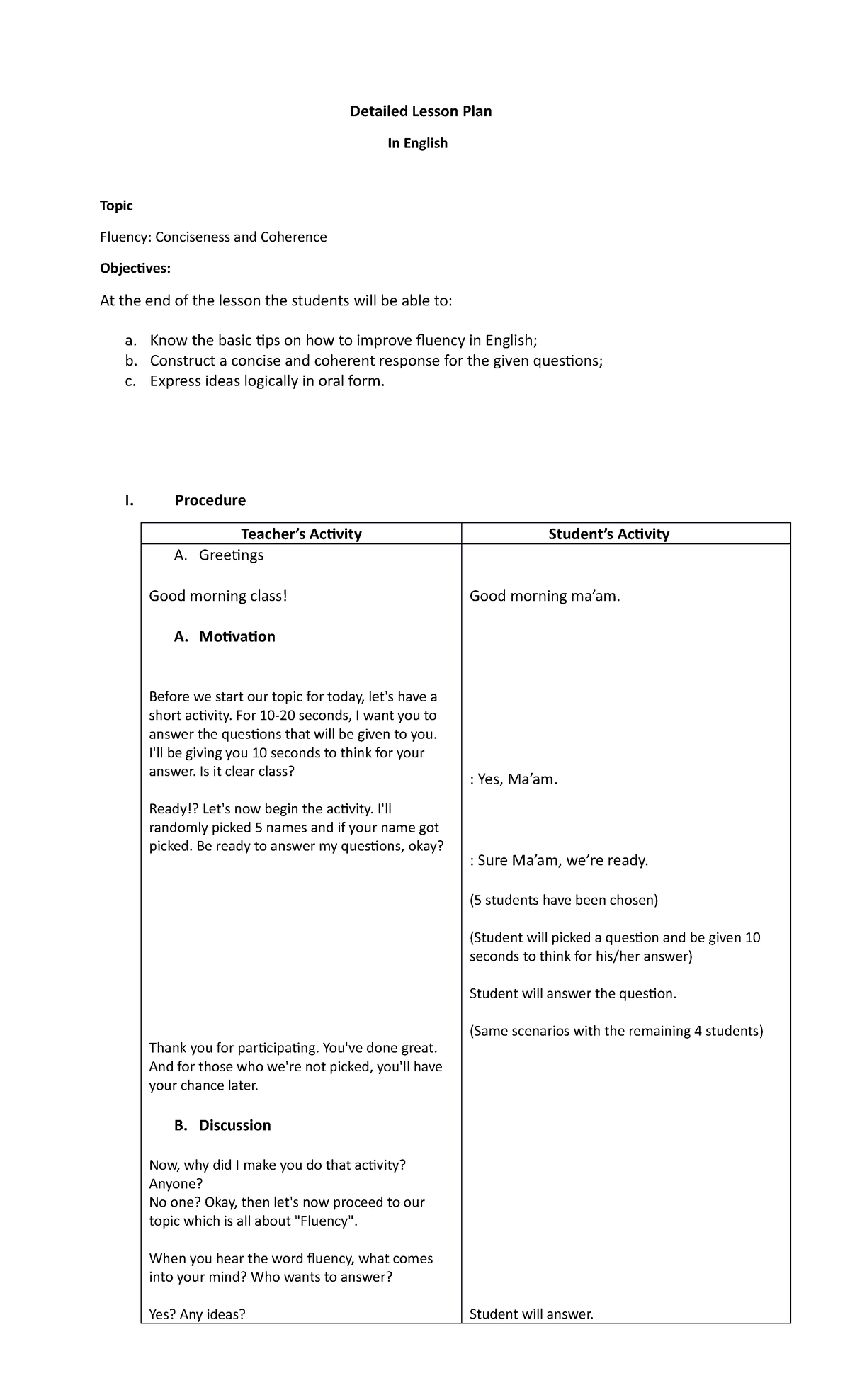 Detailed Lesson Plan for Fluency - Detailed Lesson Plan In English ...
