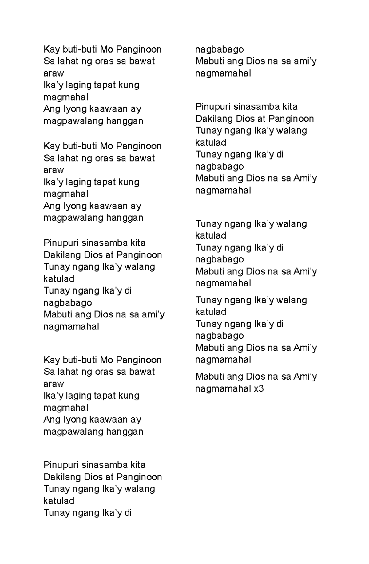 Print - Song - Kay buti-buti Mo Panginoon Sa lahat ng oras sa bawat ...