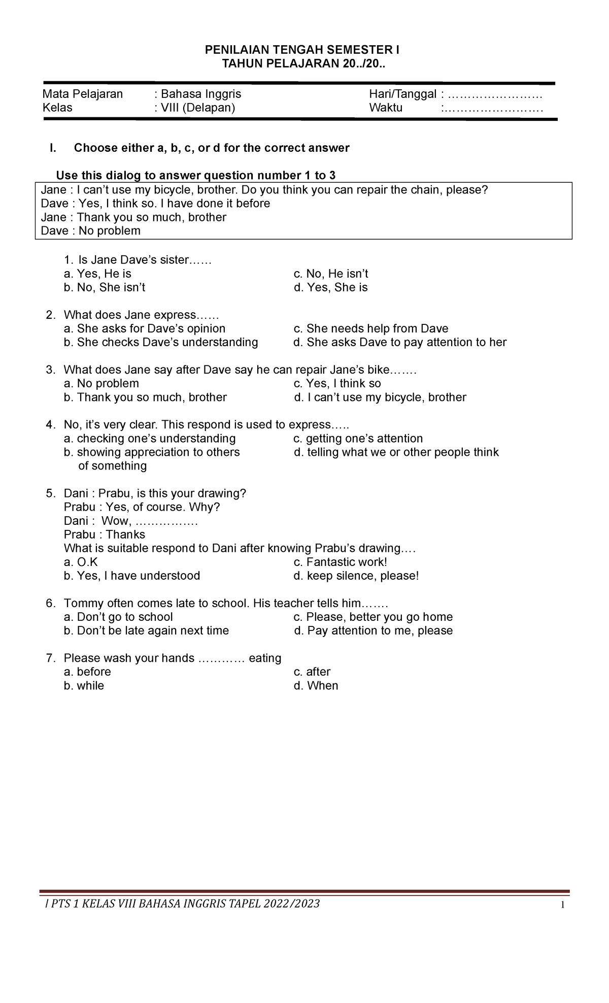 1- Soal PTS B.Ing Kelas VIII Ganjil - www - PENILAIAN TENGAH SEMESTER I TAHUN PELAJARAN 20../20 ...