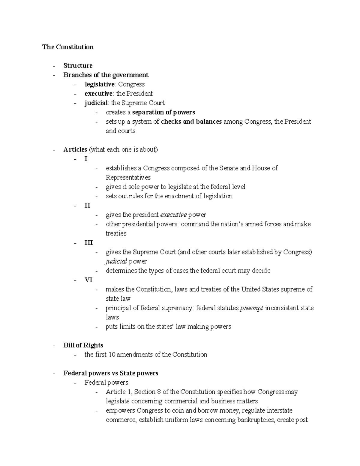 Summary Sheet - Exam 2 - The Constitution **- Structure Branches of the ...