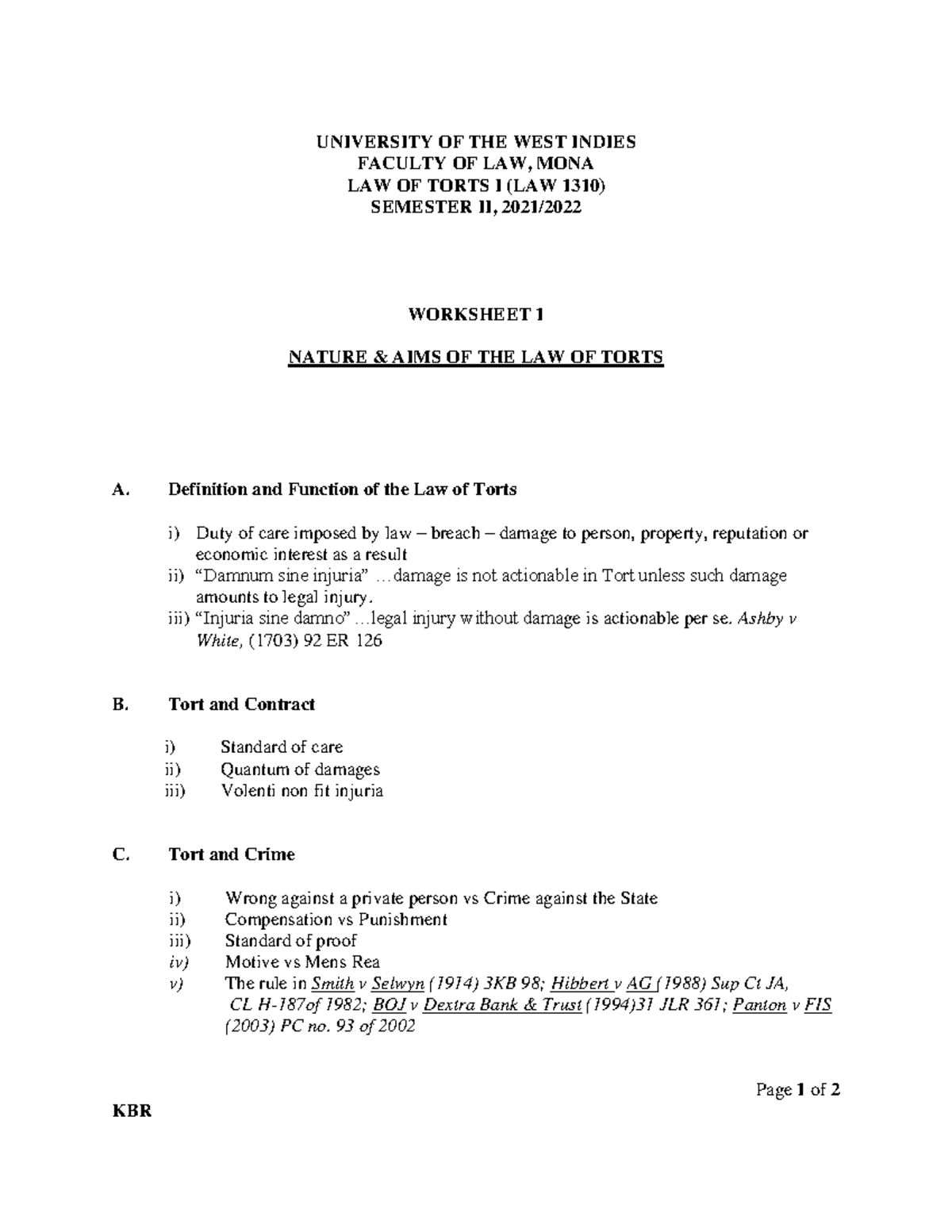 Worksheet 1 (What is tort? elements and facts) - Law of Torts - UWI ...