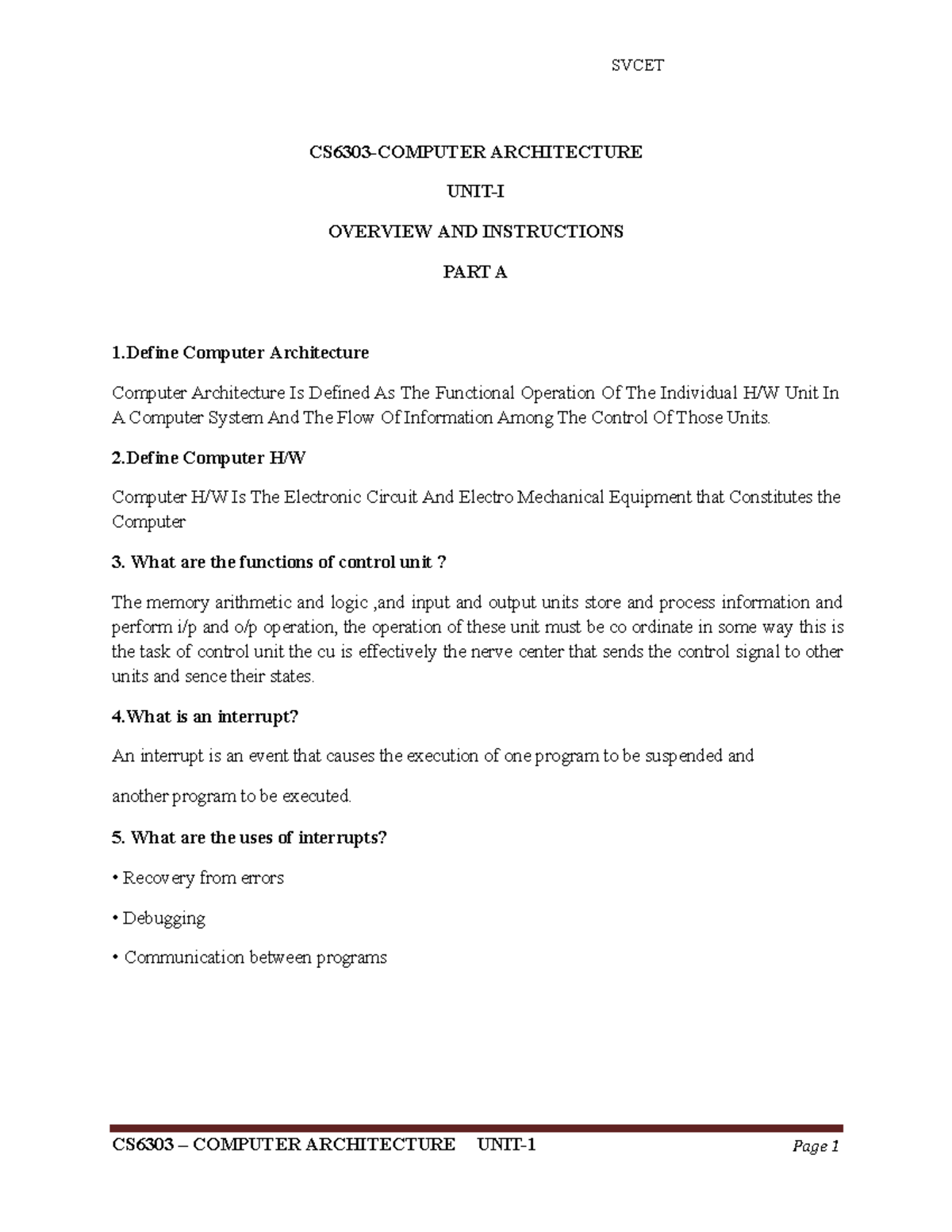 QB106611 - vvvvvvvvvvvv - SVCET CS6303 – COMPUTER ARCHITECTURE UNIT-1 Page 1 CS6303-COMPUTER ...