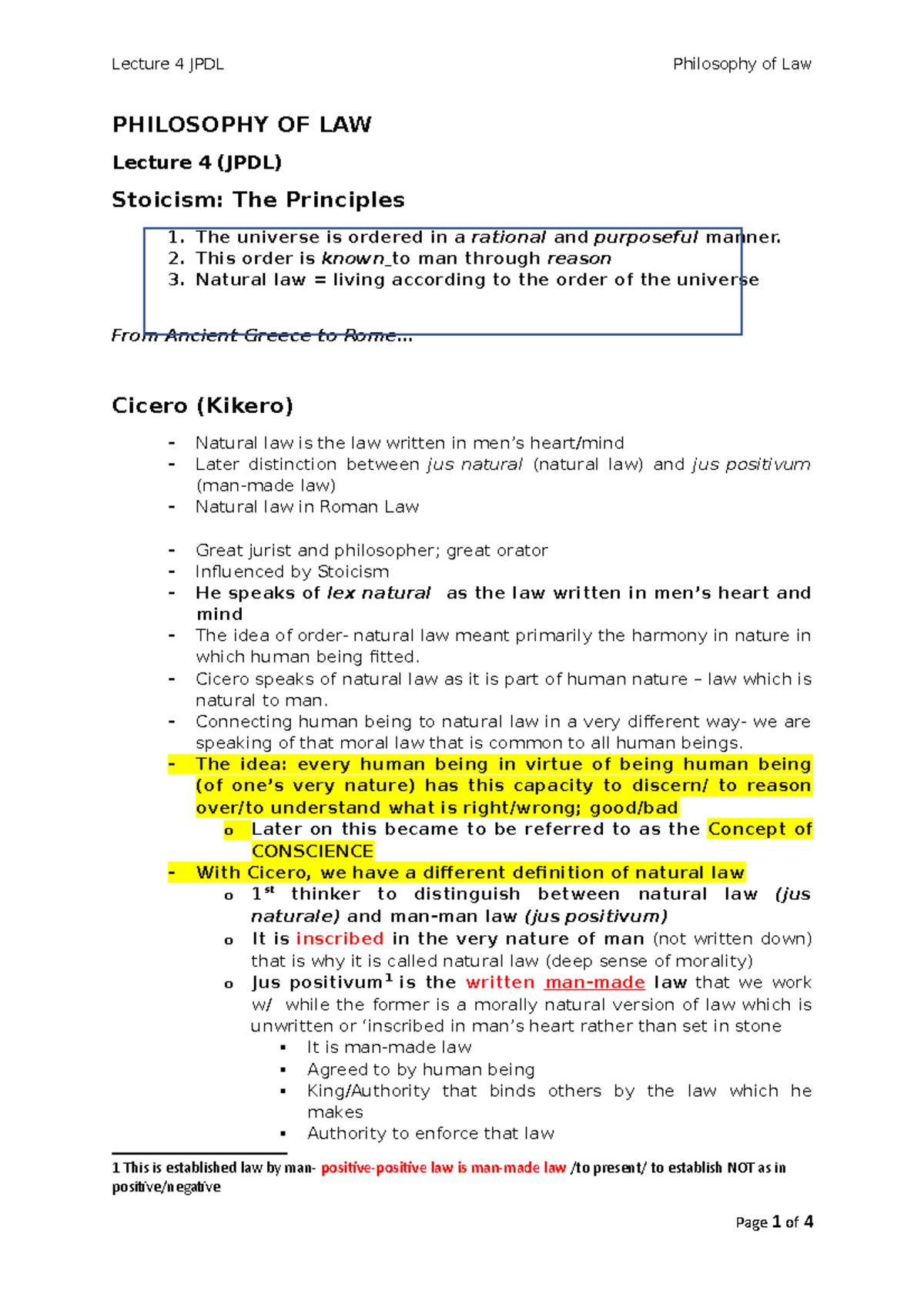 Lecture 4 JPDL - Stoicism - PHILOSOPHY OF LAW Lecture 4 (JPDL) Stoicism ...