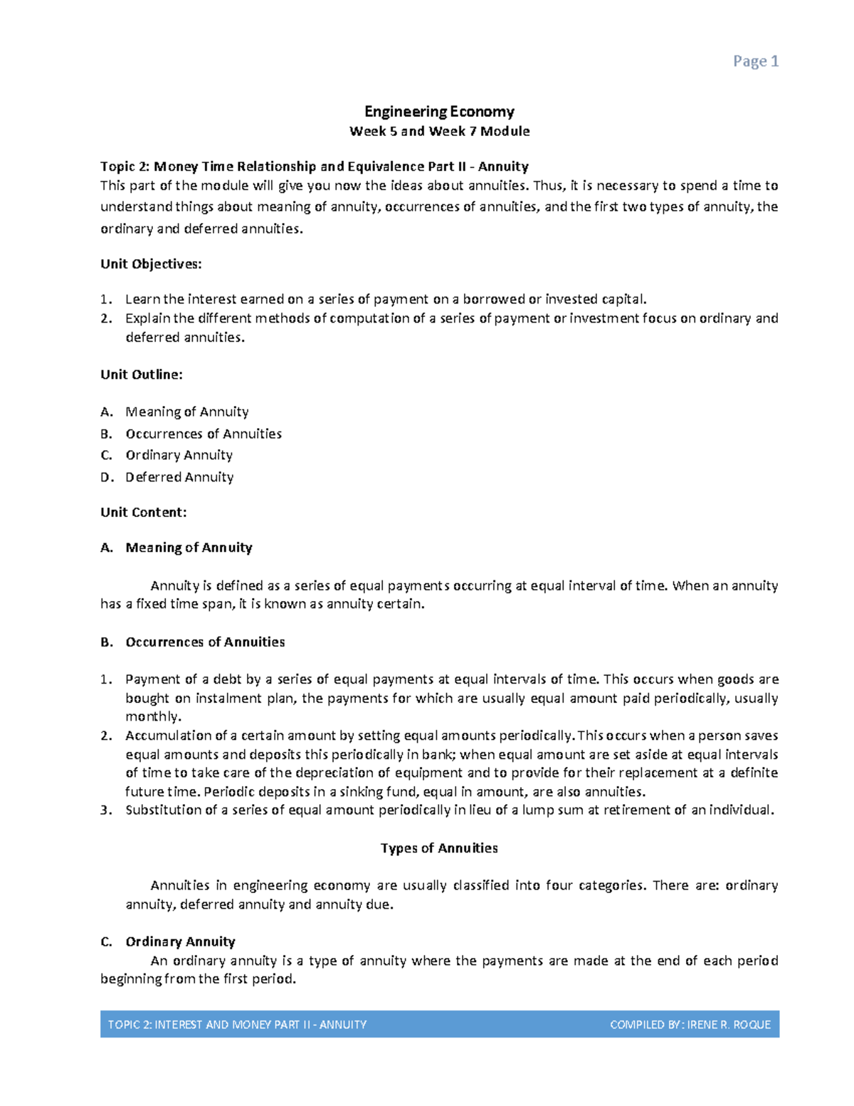 E ECO week 5 7 Topic 2 PART 2 Modules - Engineering Economy Week 5 and ...