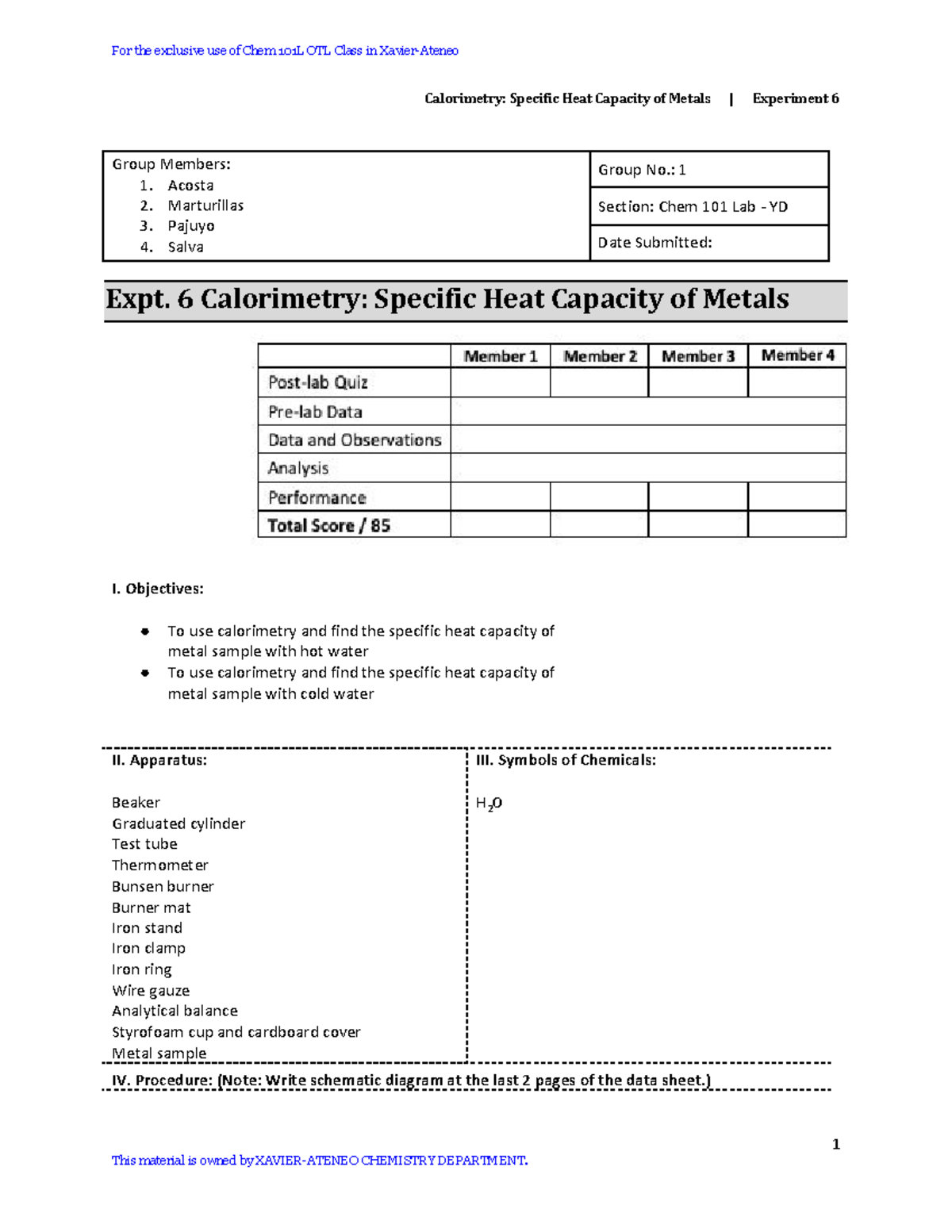 Chem 101L Expt6 Calorimetry Specific Heat Capacity of Metals DATA Sheet ...