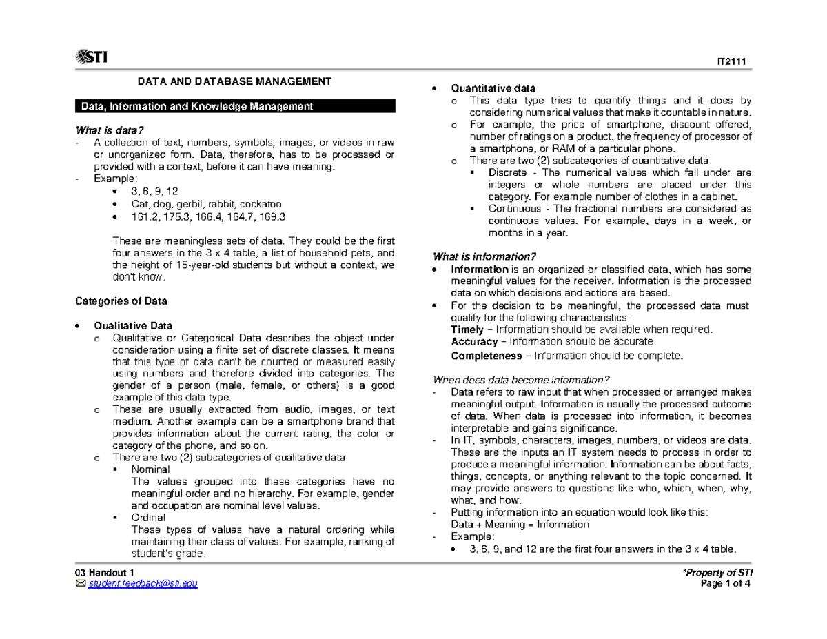 03 Handout 1 - notes - 03 Handout 1 *Property of STI DATA AND DATABASE ...
