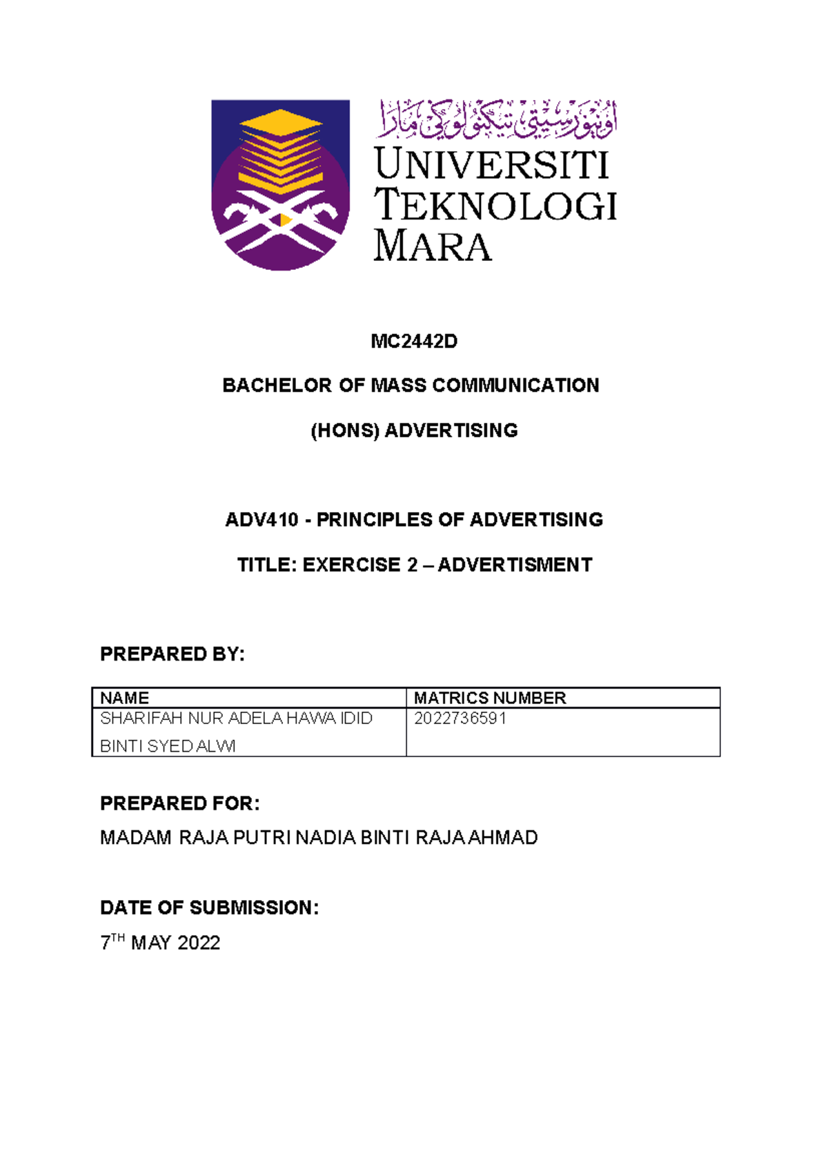 Sharifah - Assignment 2 - MC2442D BACHELOR OF MASS COMMUNICATION (HONS ...